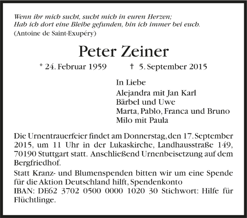 Traueranzeigen von Peter Zeiner | Trauer.de