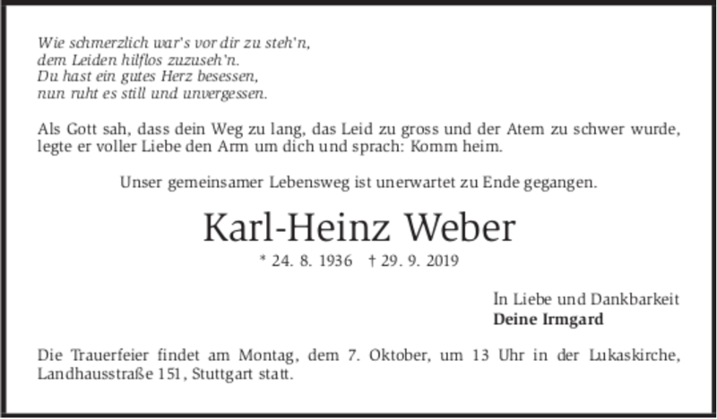 Traueranzeigen von Karl-Heinz Weber | Trauer.de Traueranzeigen von Karl-Heinz Weber | Trauer.de