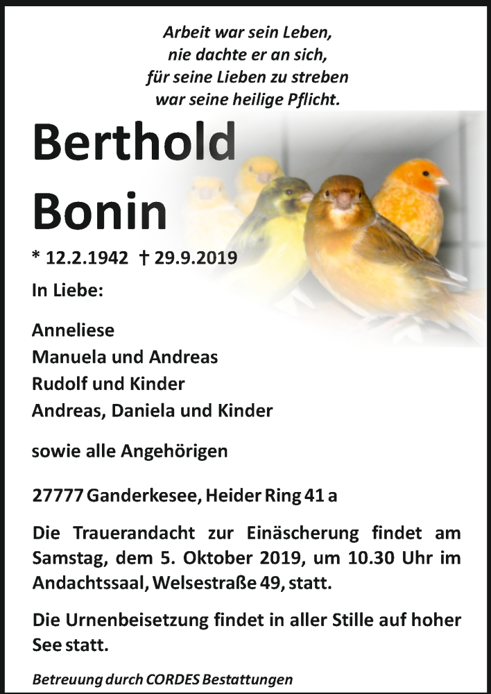 Traueranzeigen von Berthold Bonin | Trauer.de