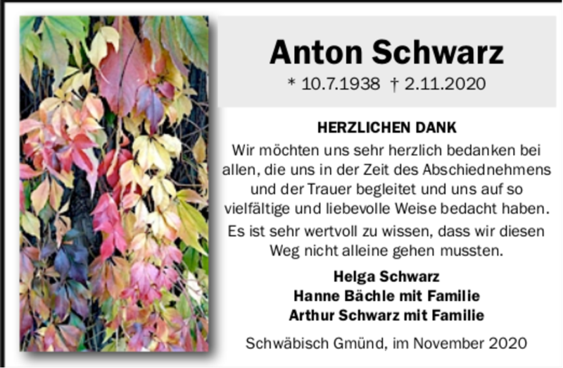 Traueranzeigen von Anton Schwarz | Trauer.de