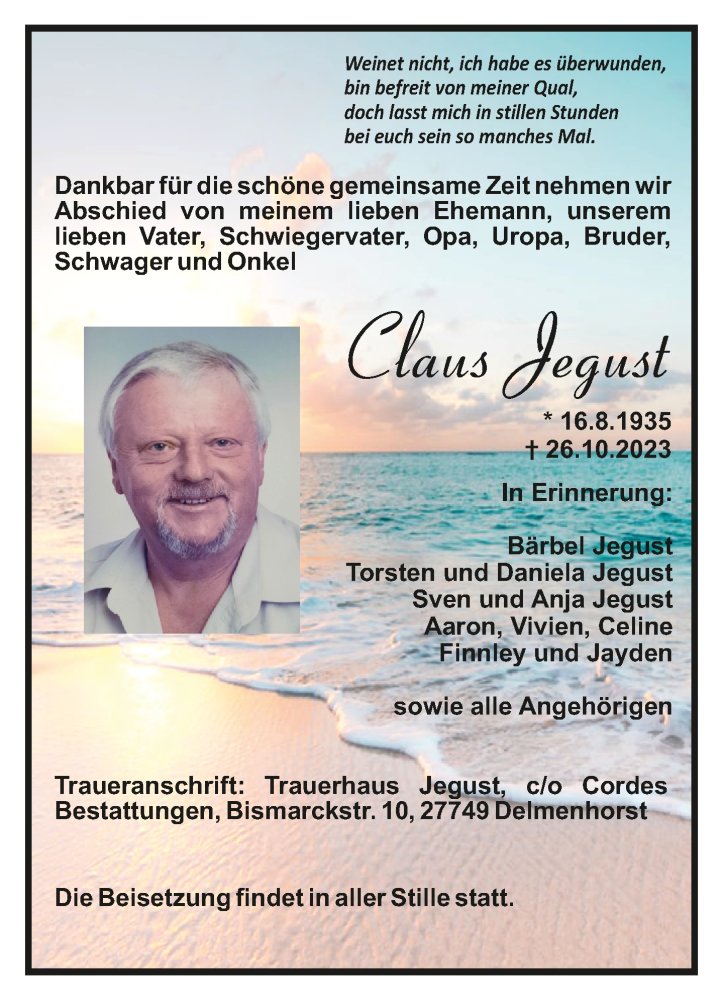 Traueranzeigen von Claus Jegust | Trauer.de