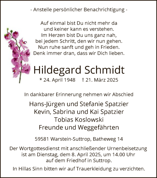 Traueranzeigen von Hildegard Schmidt | Trauer.de