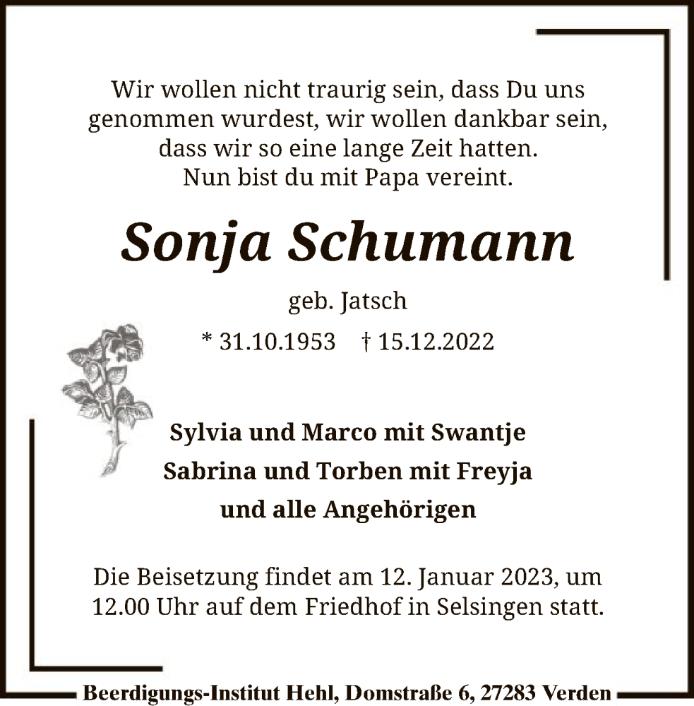 Traueranzeigen von Sonja Schumann | Trauer.de
