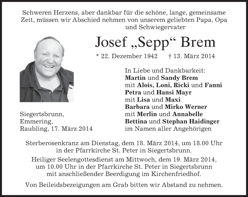 Traueranzeigen von Josef Brem | Trauer.de