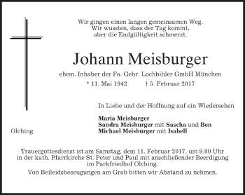 Traueranzeigen von Johann Meisburger | Trauer.de