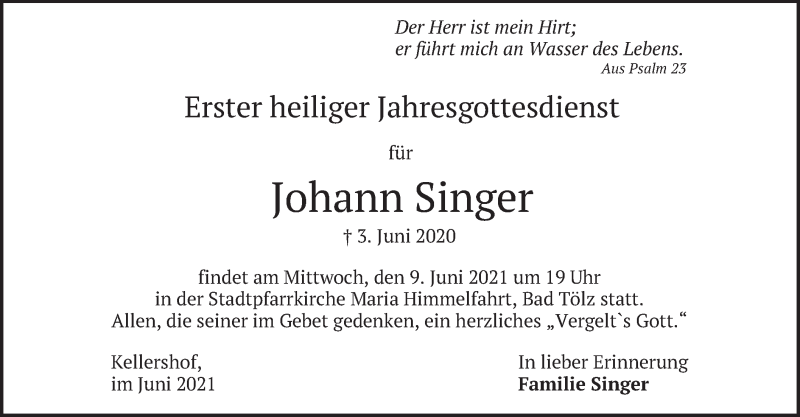 Traueranzeigen von Johann Singer | Trauer.de