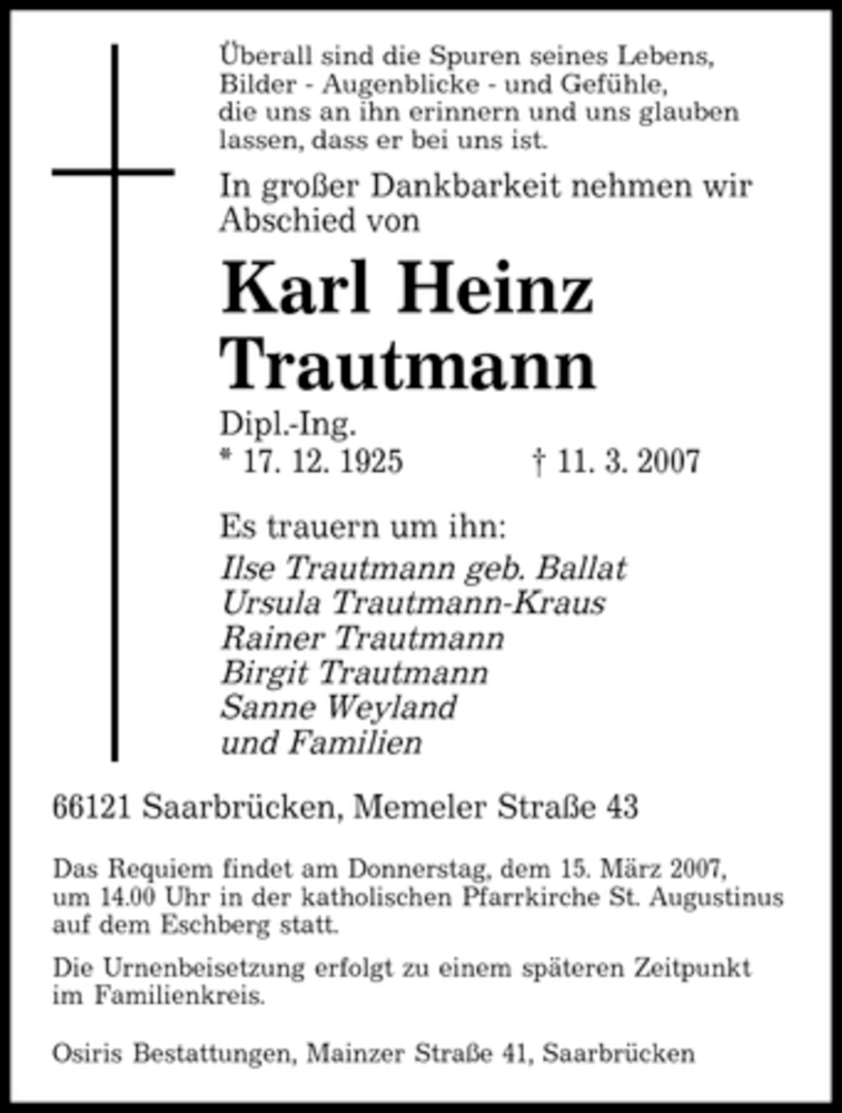 Traueranzeigen von Karl Heinz Trautmann | Trauer.de Traueranzeigen von Karl Heinz Trautmann | Trauer.de