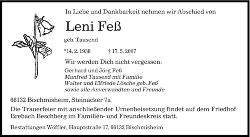 Traueranzeigen von Leni Feß | Trauer.de
