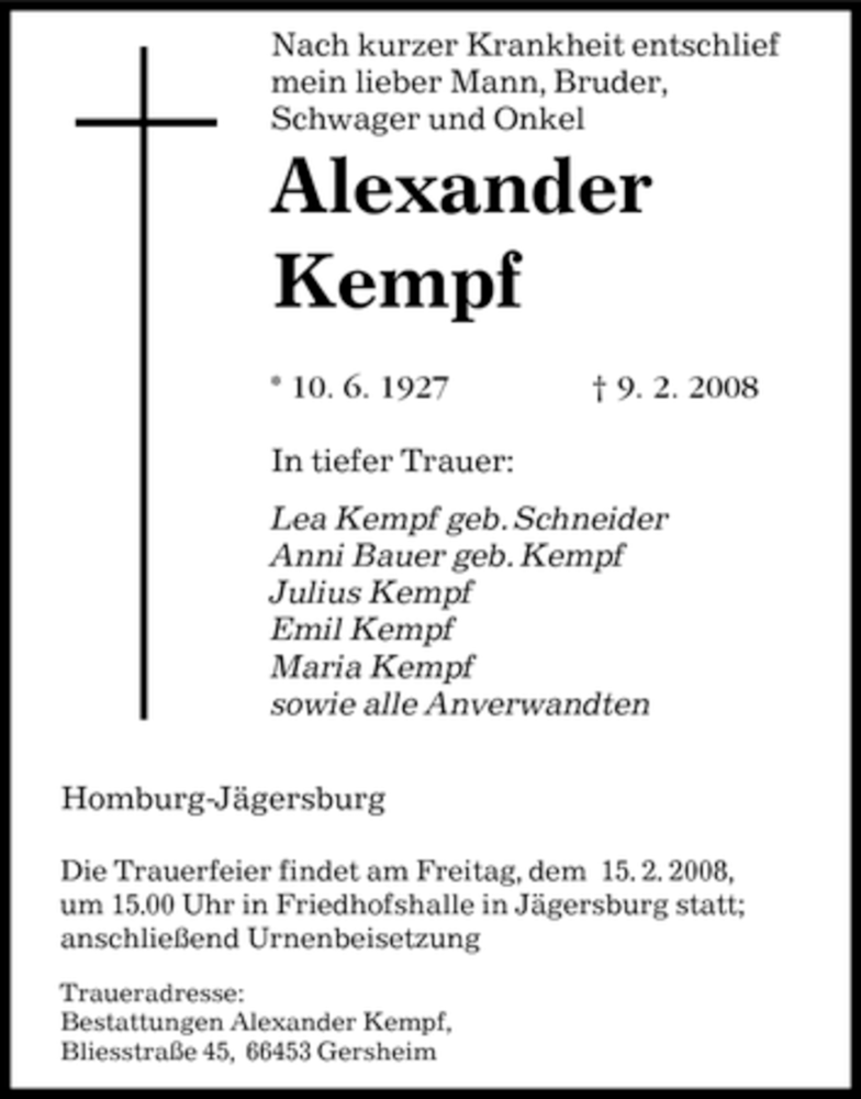 Traueranzeigen von Alexander Kempf | Trauer.de