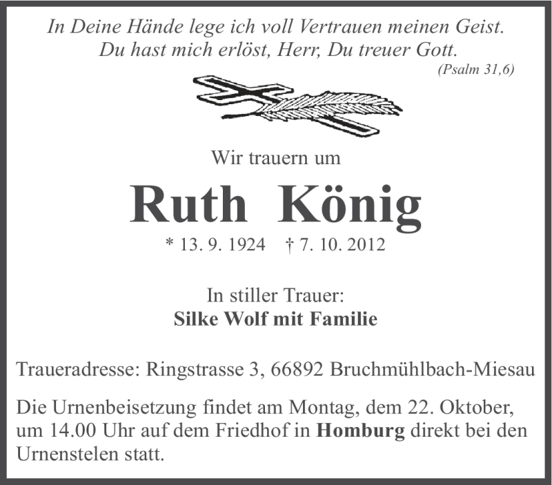 Traueranzeigen von Ruth König | Trauer.de