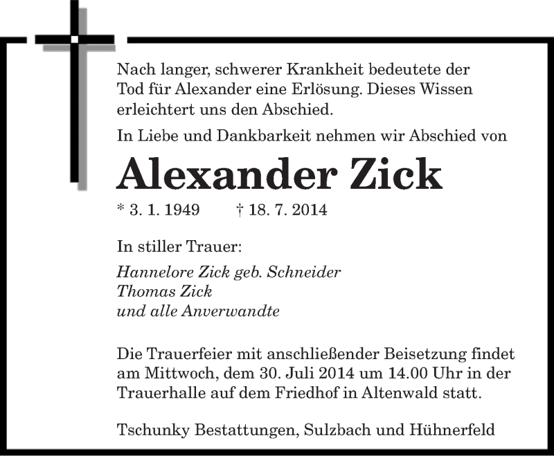 Traueranzeigen von Alexander Zick | Trauer.de