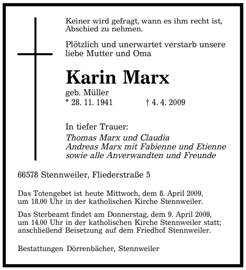Traueranzeigen von Karin Marx | Trauer.de
