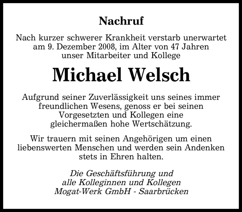 Traueranzeigen von Michael Welsch | Trauer.de
