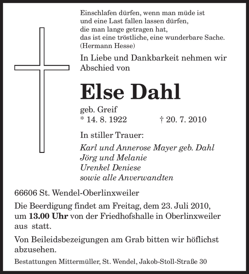 Traueranzeigen von Else Dahl | Trauer.de