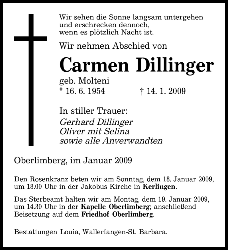 Traueranzeigen von Carmen Dillinger | Trauer.de