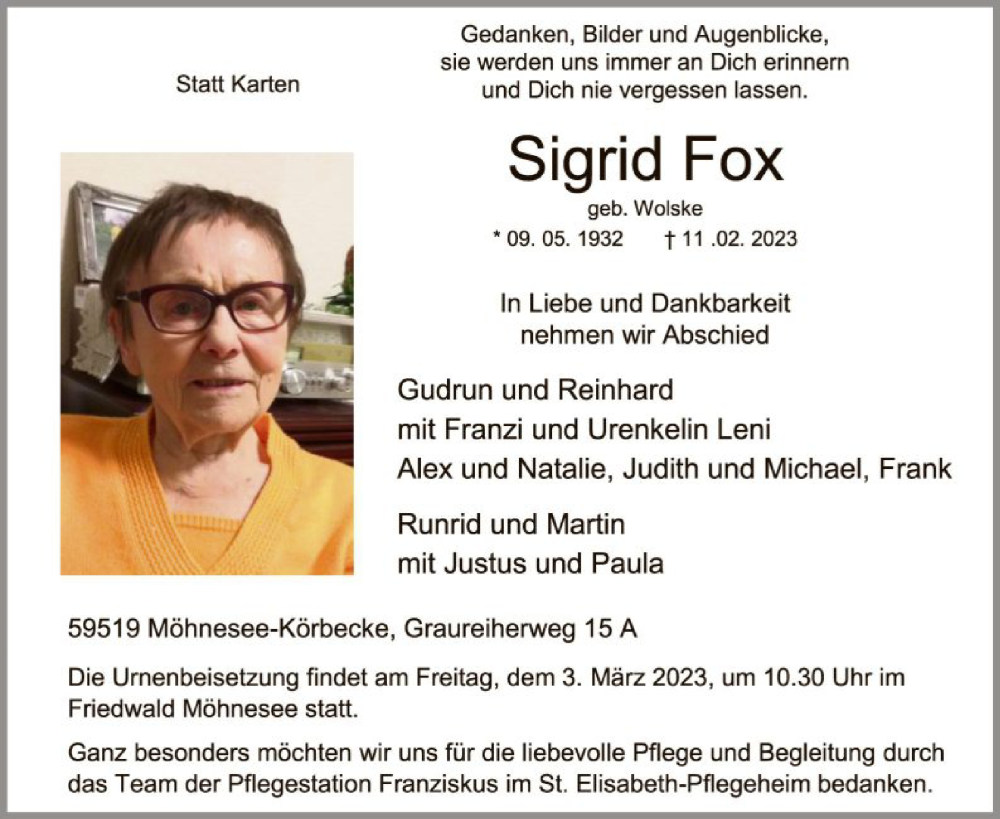 Traueranzeigen von Sigrid Fox | Trauer.de