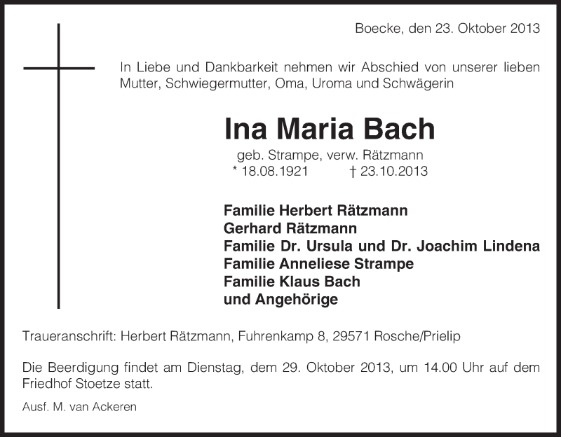 Traueranzeigen von Ina Maria Bach | Trauer.de