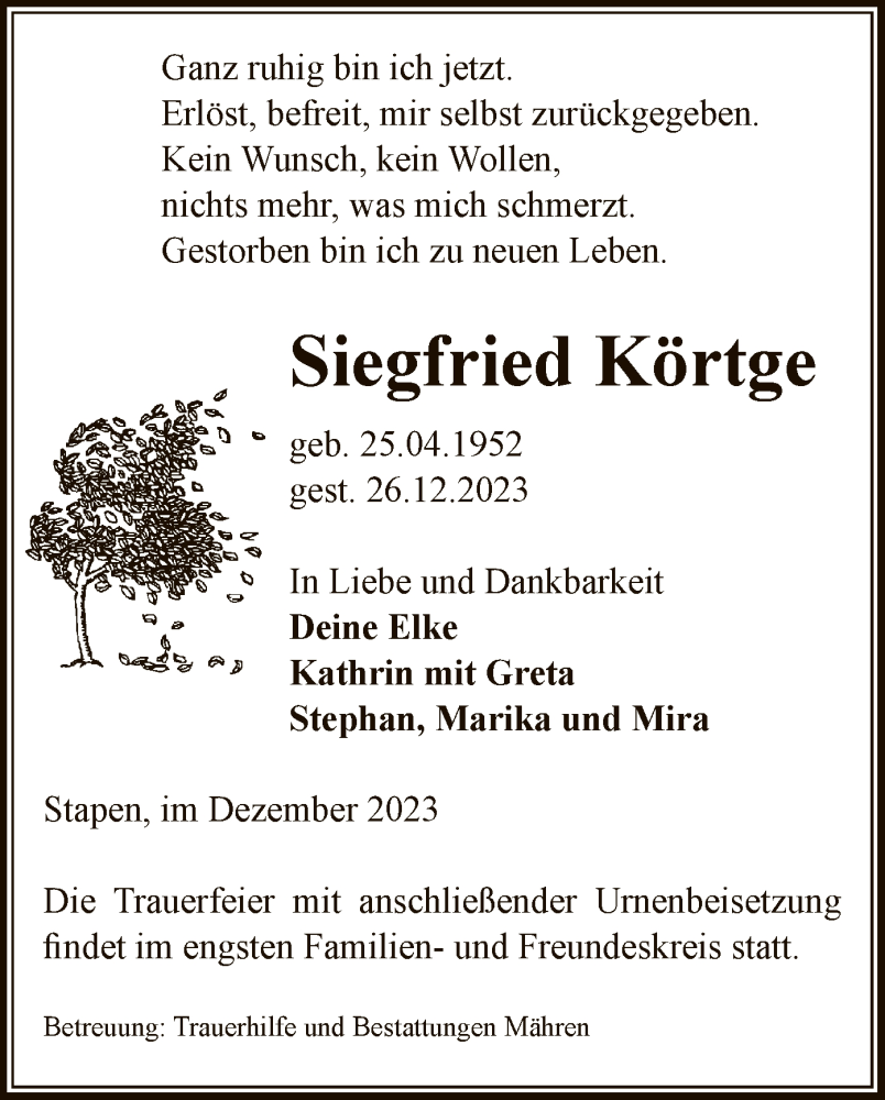 Traueranzeigen von Siegfried Körtge | Trauer.de